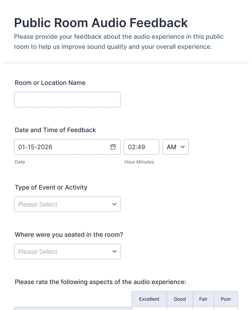 Public Room Audio Feedback Form Template | Jotform