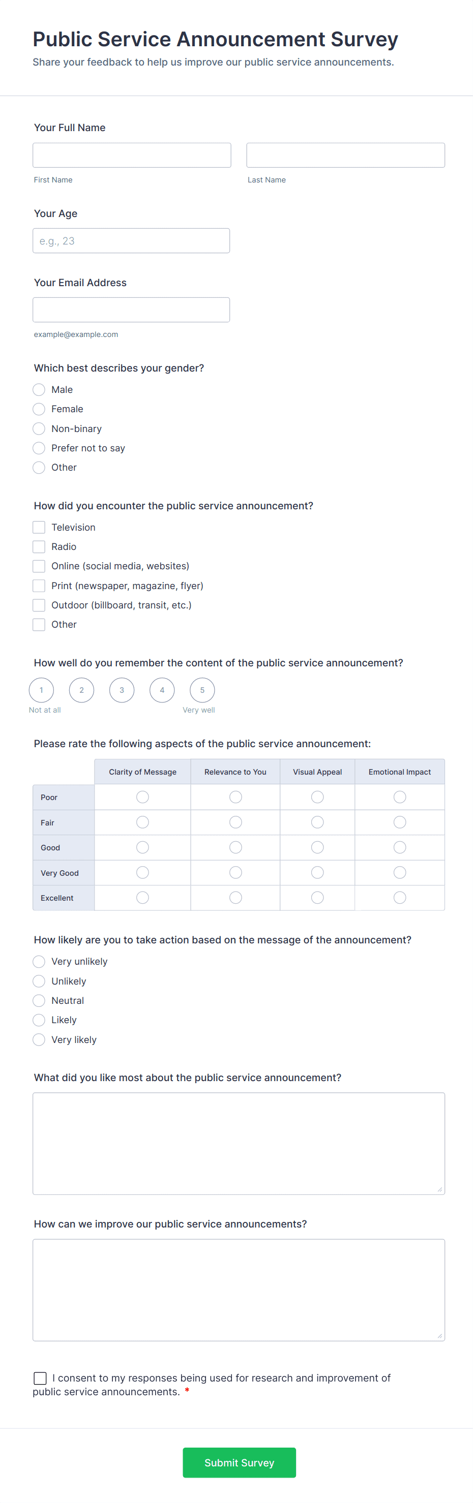 Public Service Announcement Survey Form Template | Jotform