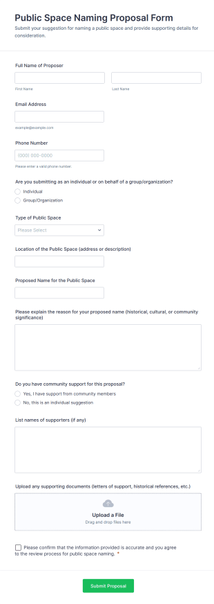 Public Space Naming Proposal Form Template | Jotform