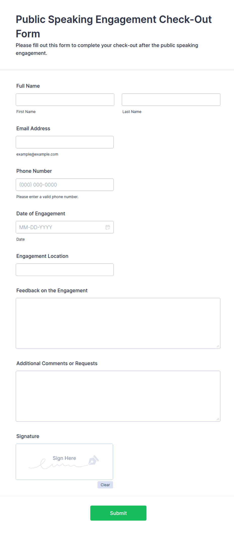 Public Speaking Engagement Check-Out Form Template | Jotform