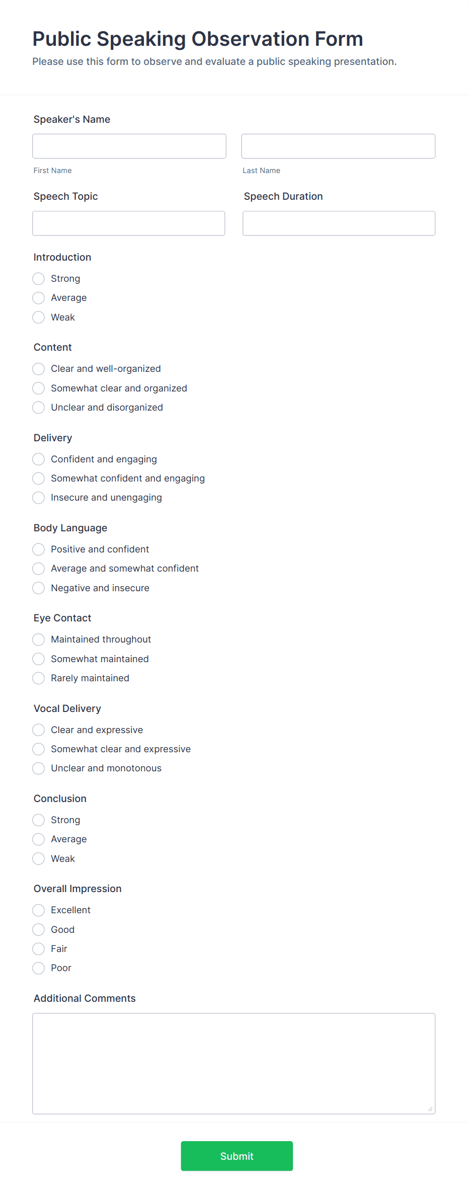 Public Speaking Observation Form Template | Jotform