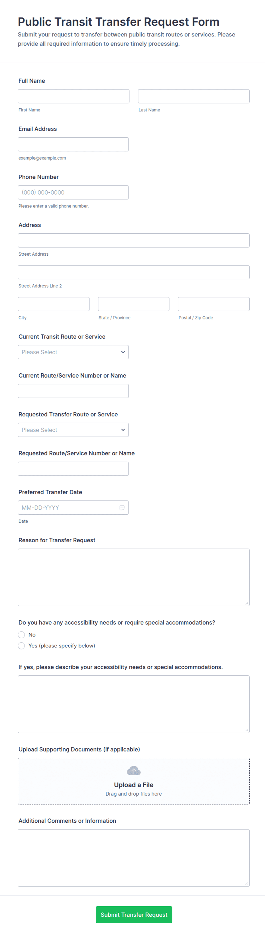 Public Transit Transfer Request Form Template | Jotform