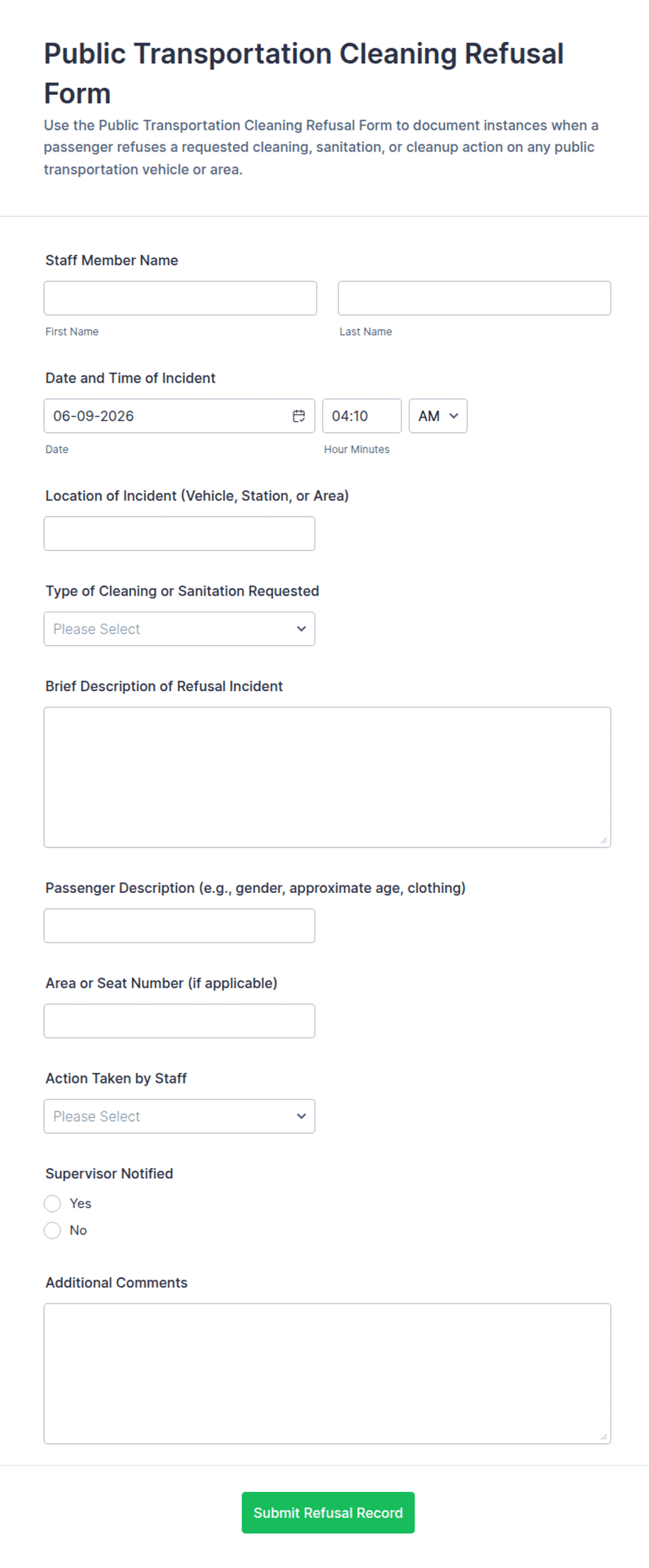 Public Transportation Cleaning Refusal Form Template | Jotform