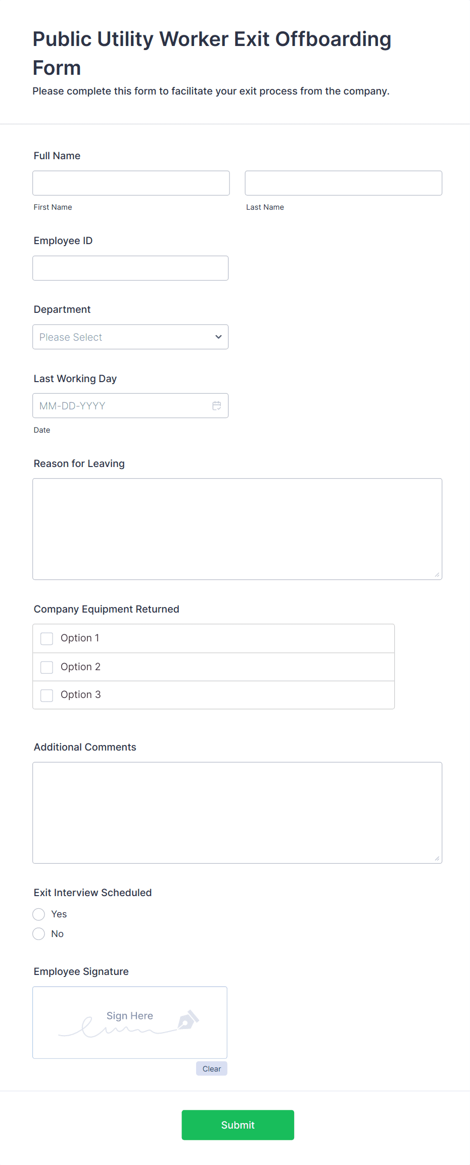 Public Utility Worker Exit Offboarding Form Template | Jotform