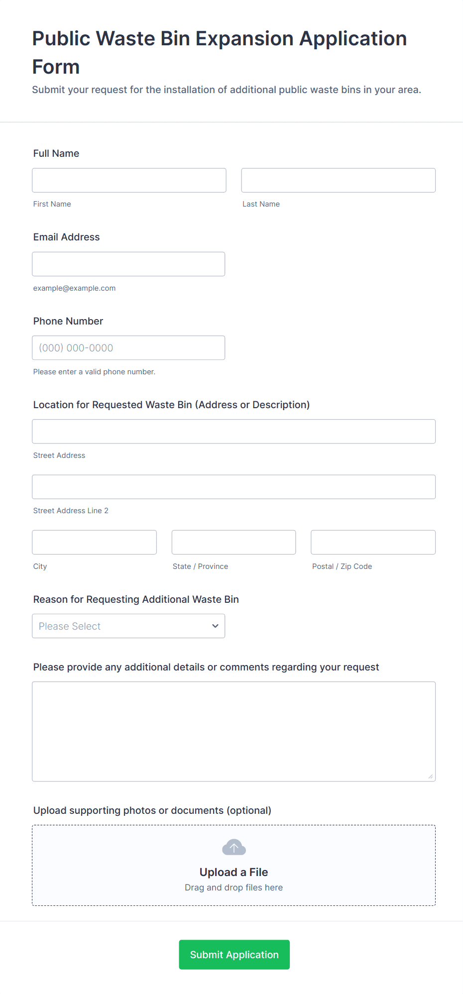 Public Waste Bin Expansion Application Form Template | Jotform