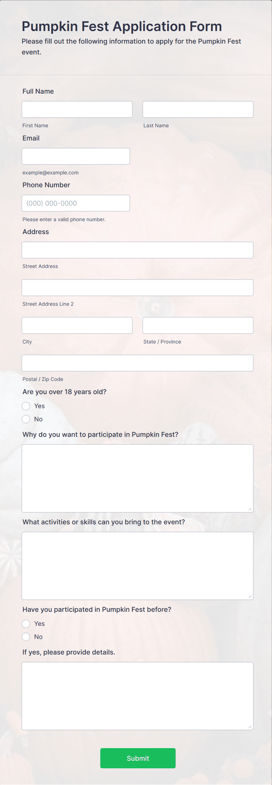 Pumpkin Fest Application Form Template | Jotform