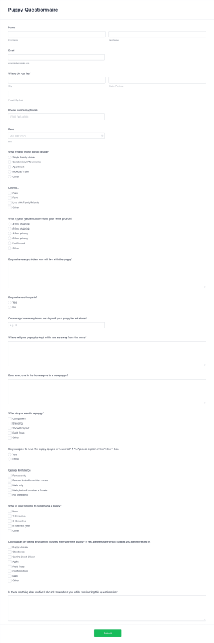 Dog Training and Behavior Questionnaire Form Template | Jotform