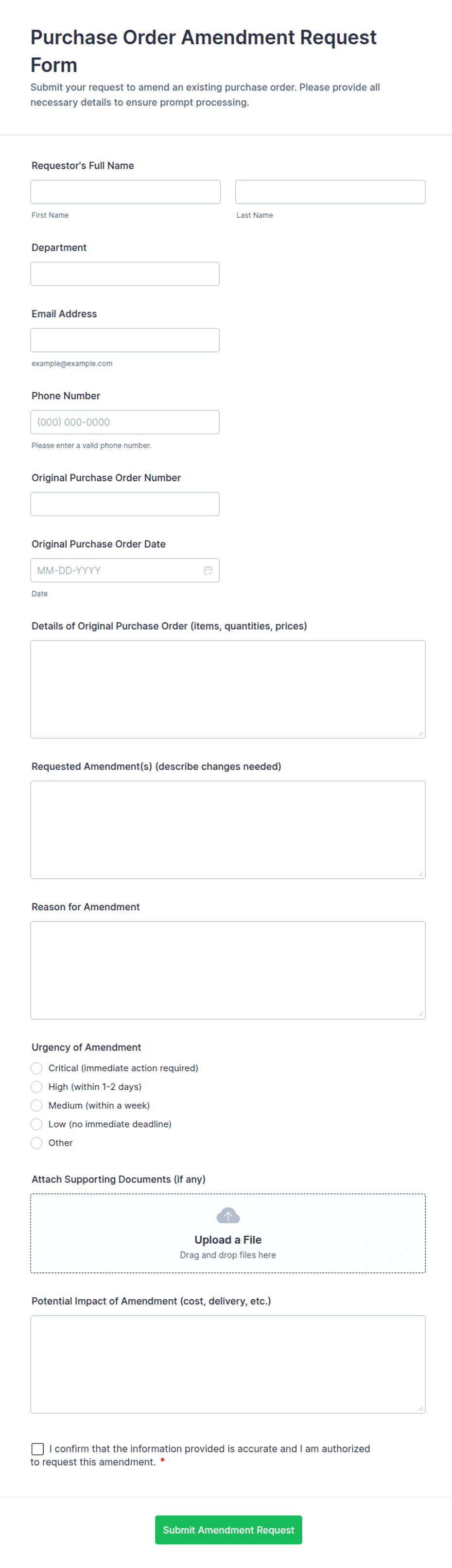 Purchase Order Amendment Request Form Template | Jotform