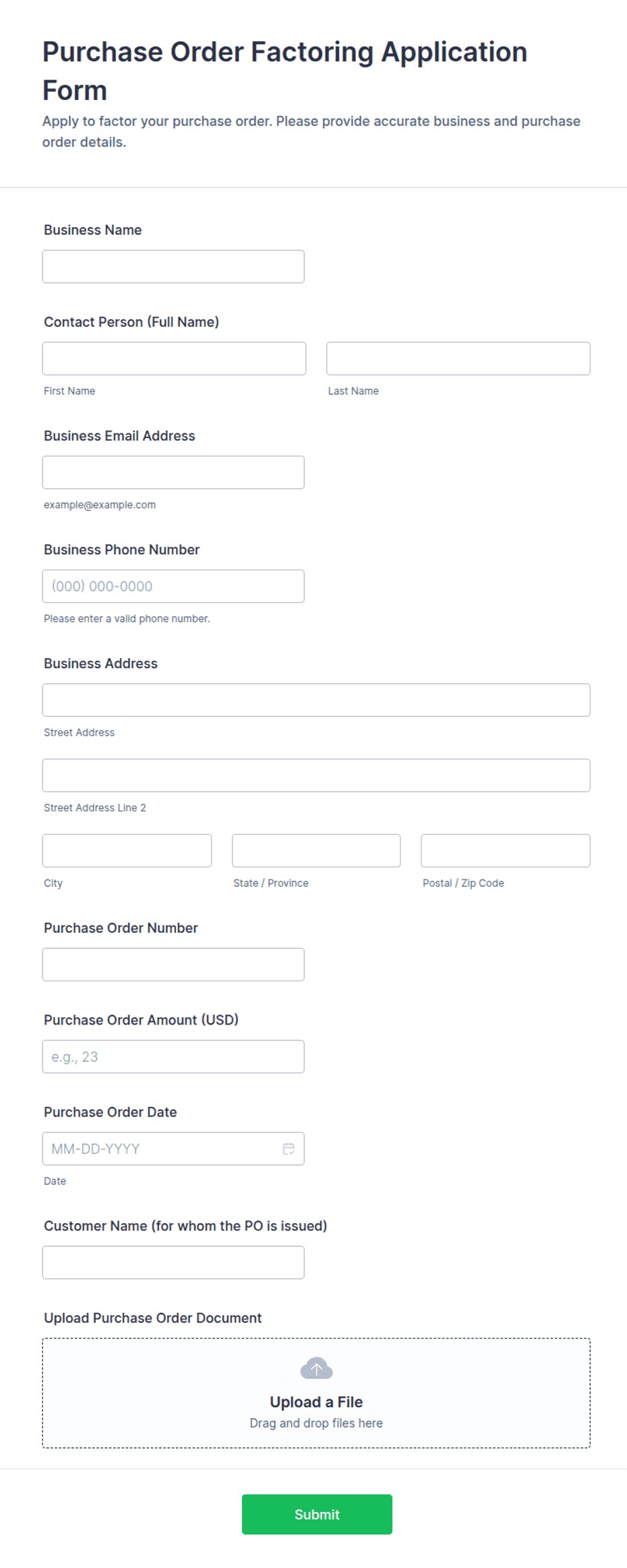 Purchase Order Factoring Application Form Template | Jotform