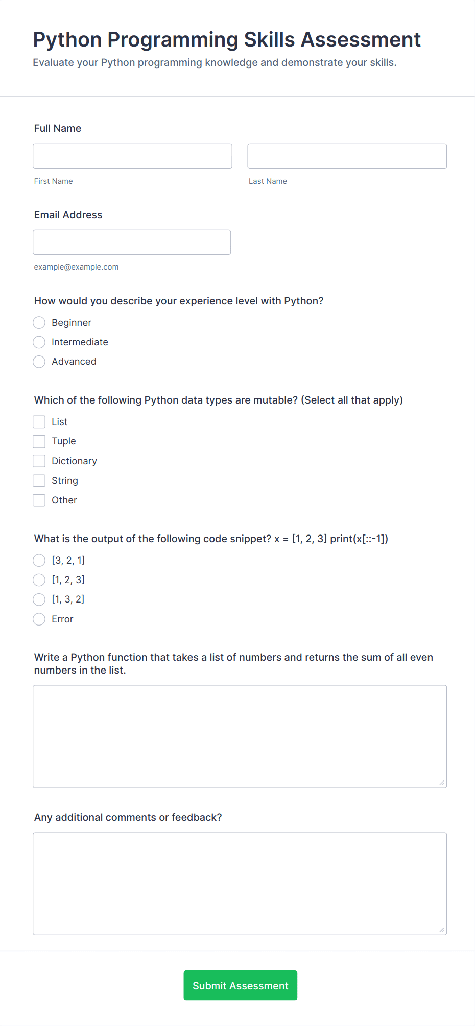 Python Programming Skills Assessment Form Template | Jotform