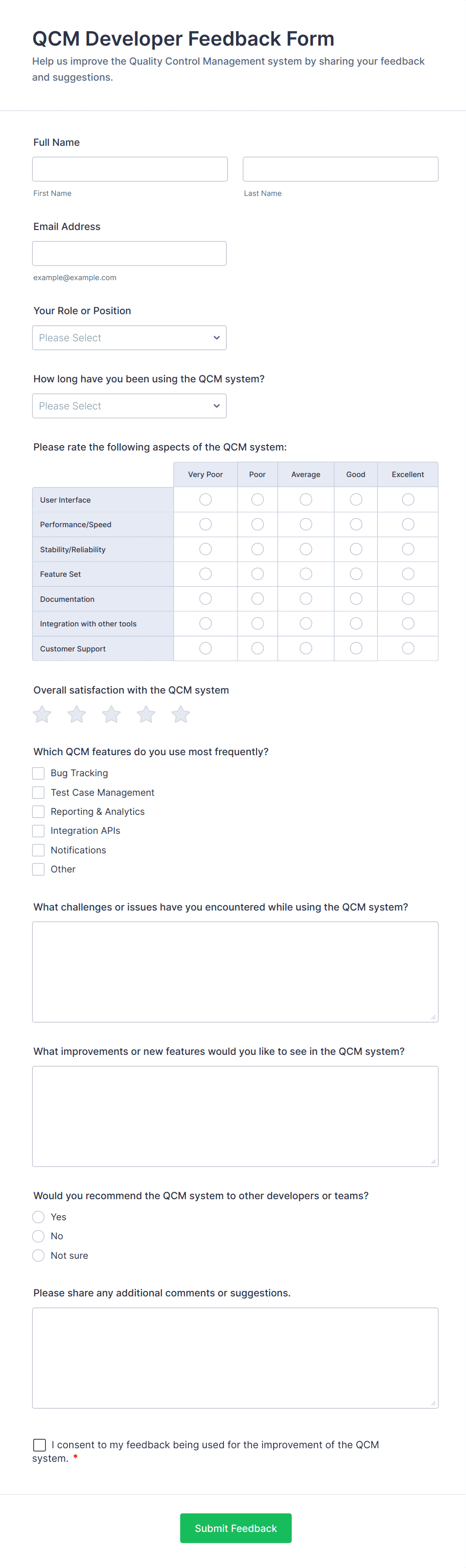 QCM Developer Feedback Form Template | Jotform
