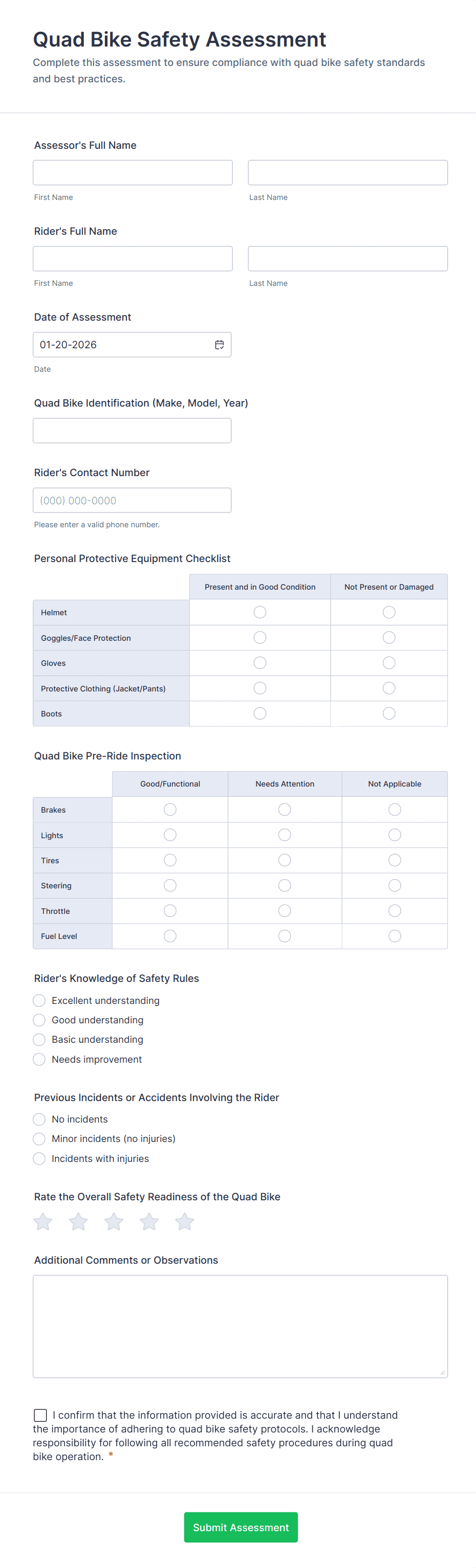 Quad Bike Safety Assessment Form Template | Jotform