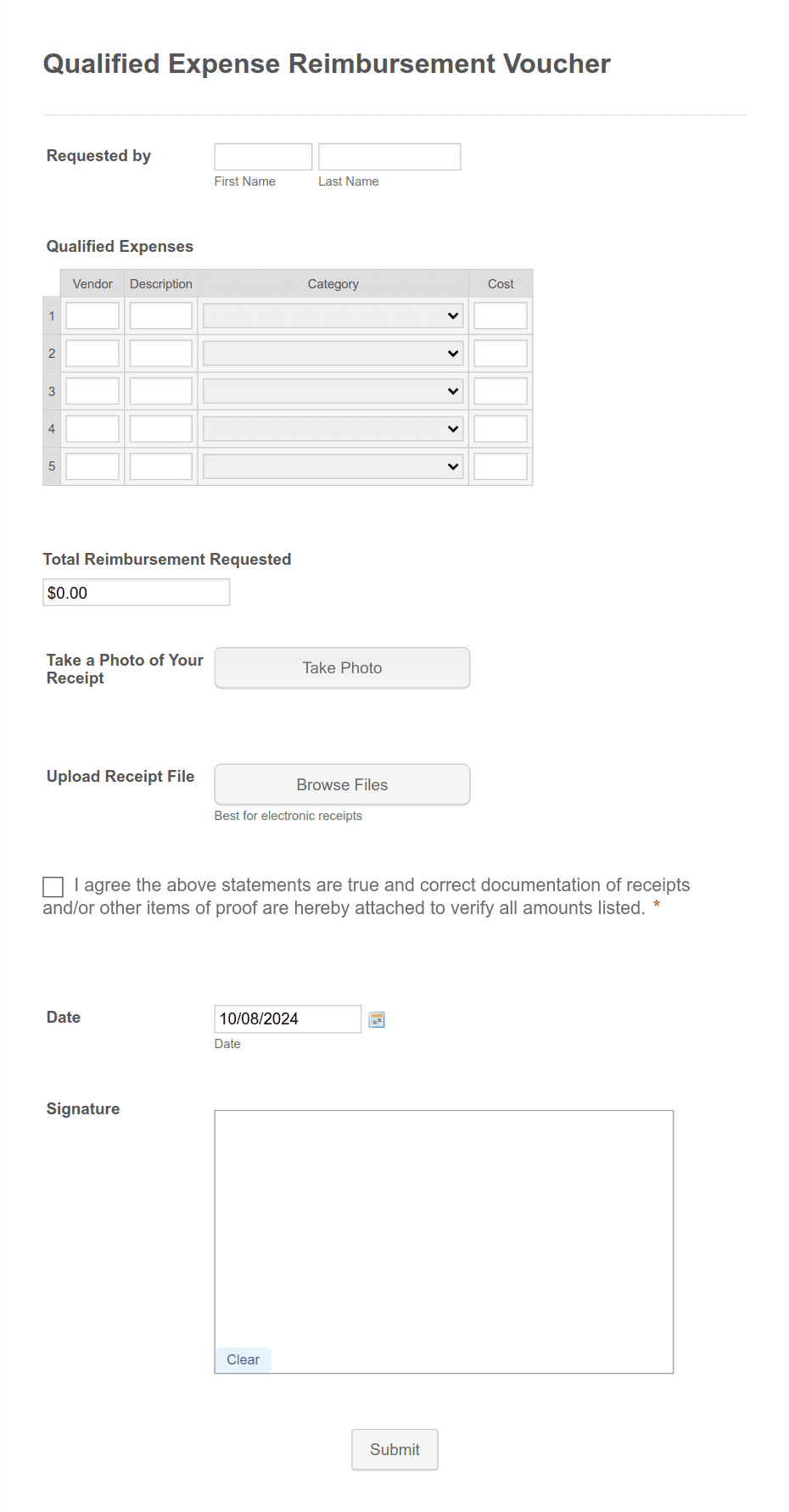Qualified Expense Reimbursement Voucher Form Template | Jotform