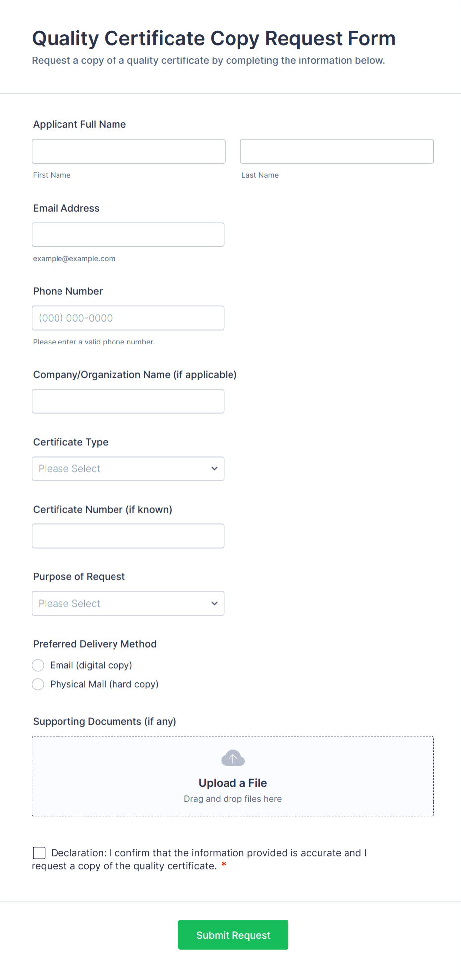 Quality Certificate Copy Request Form Template | Jotform