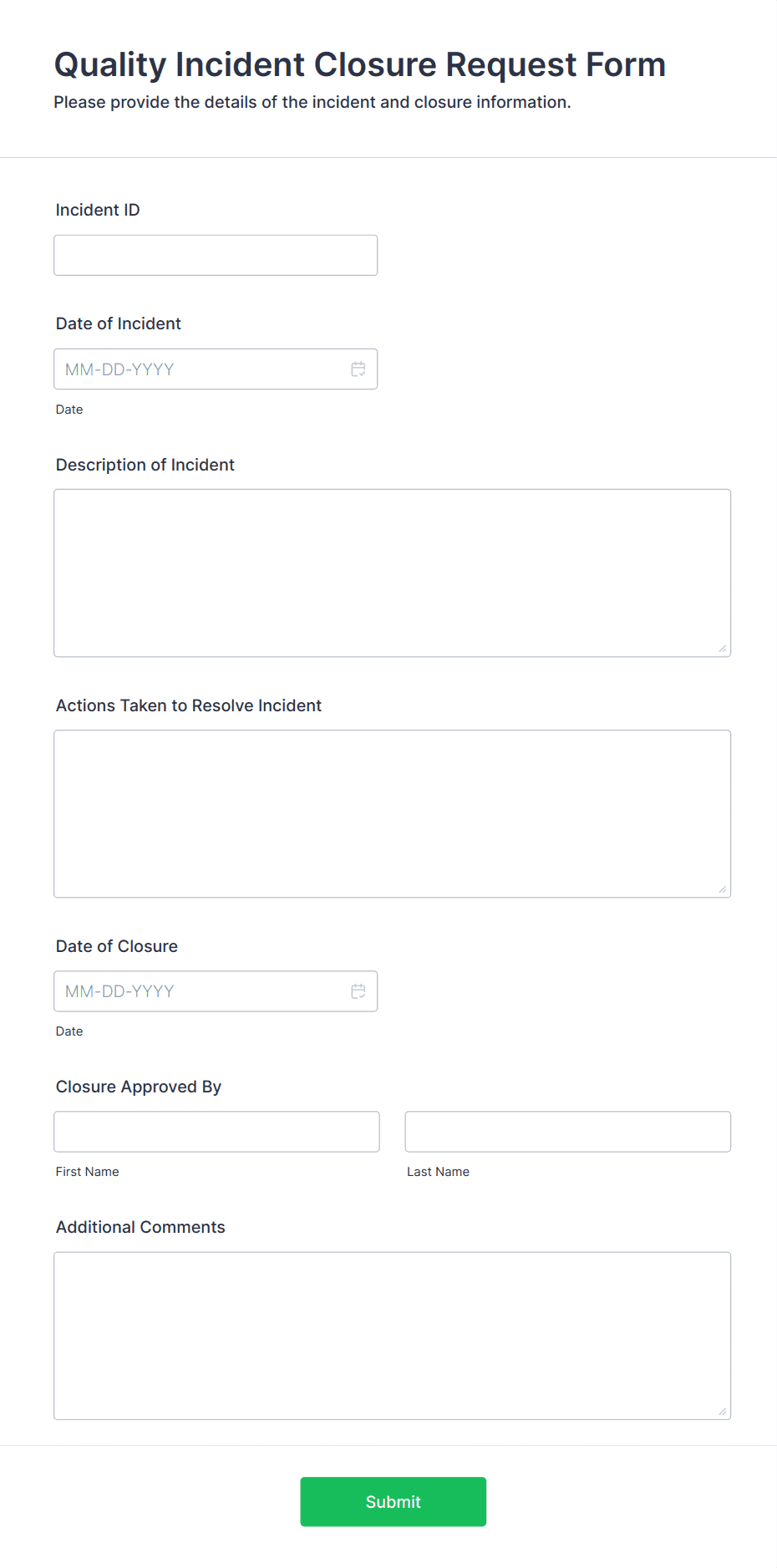 Quality Incident Closure Request Form Template | Jotform