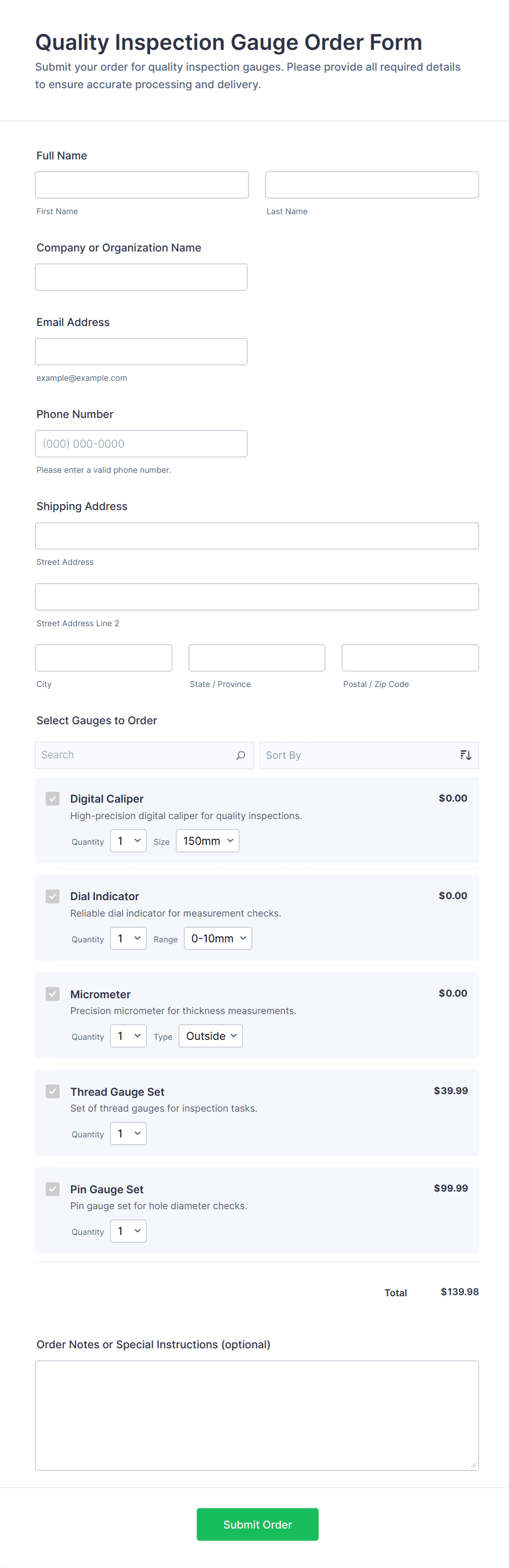 Quality Inspection Gauge Order Form Template | Jotform