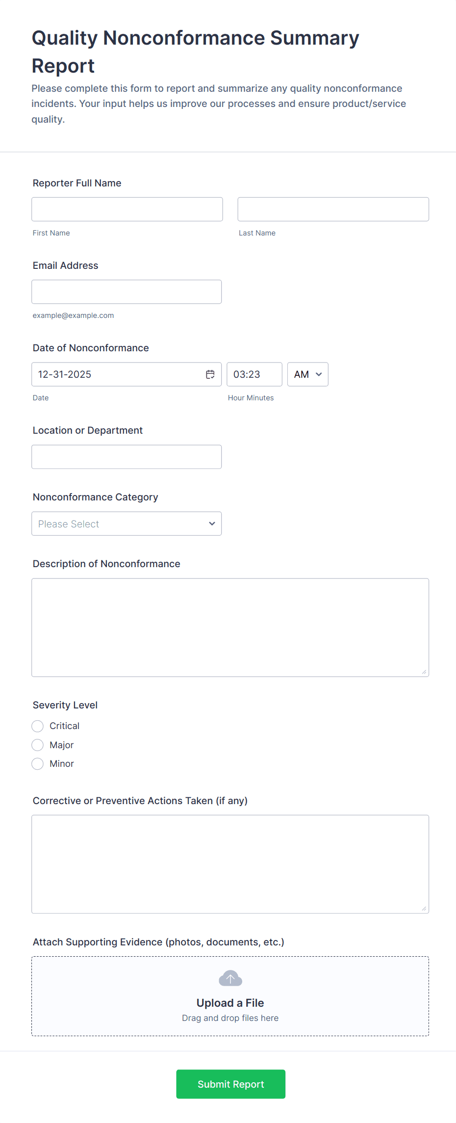 Quality Nonconformance Summary Report Form Template | Jotform