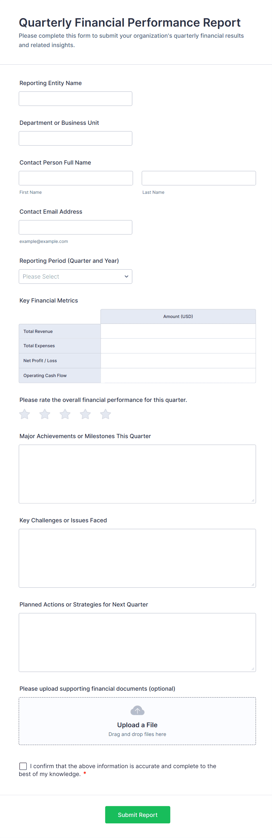 Quarterly Financial Performance Report Form Template | Jotform