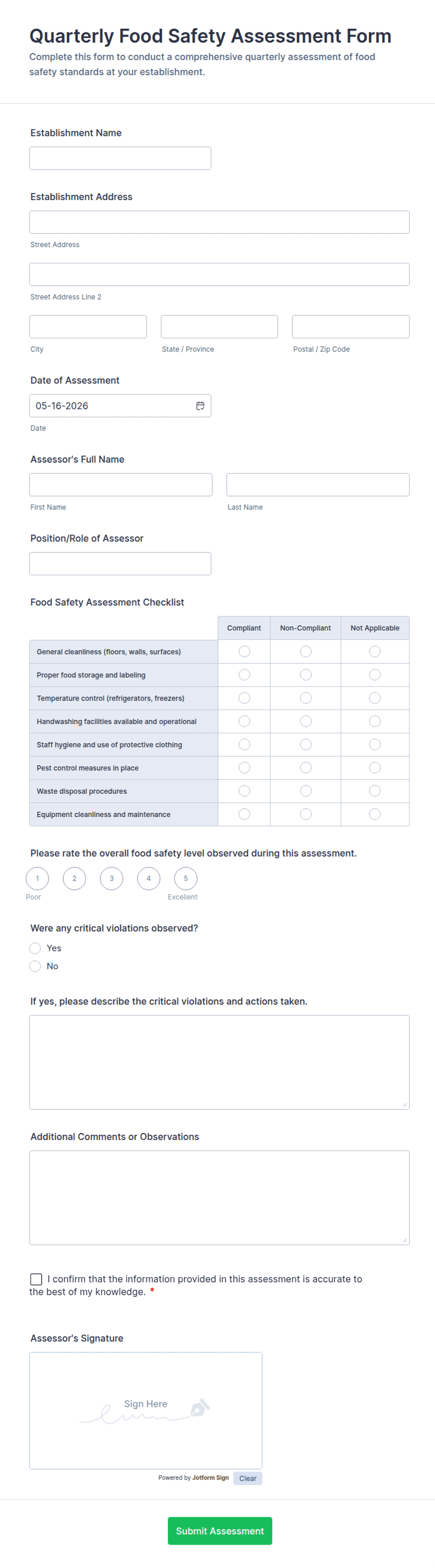 Quarterly Food Safety Assessment Form Template | Jotform