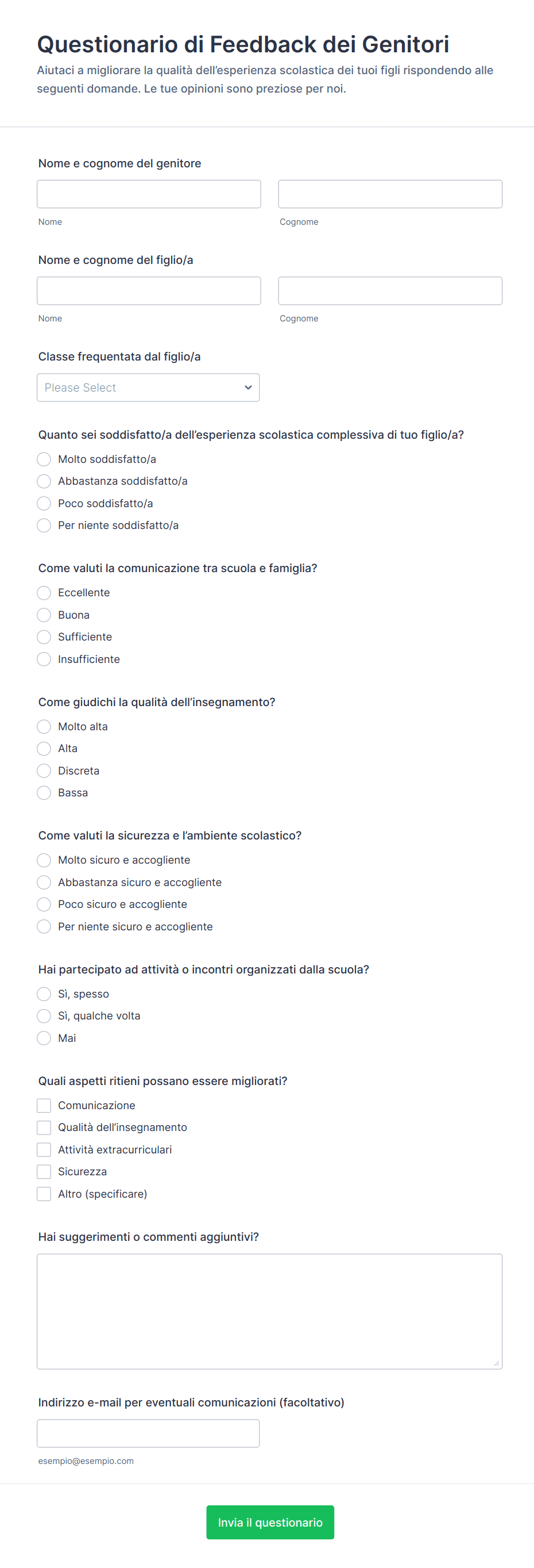 Questionario di Feedback dei Genitori Template Modulo | Jotform