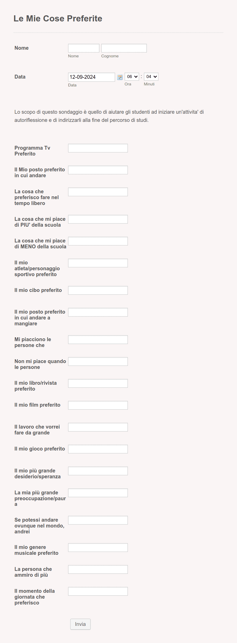 Questionario Le Mie Cose Preferite Template Modulo | Jotform