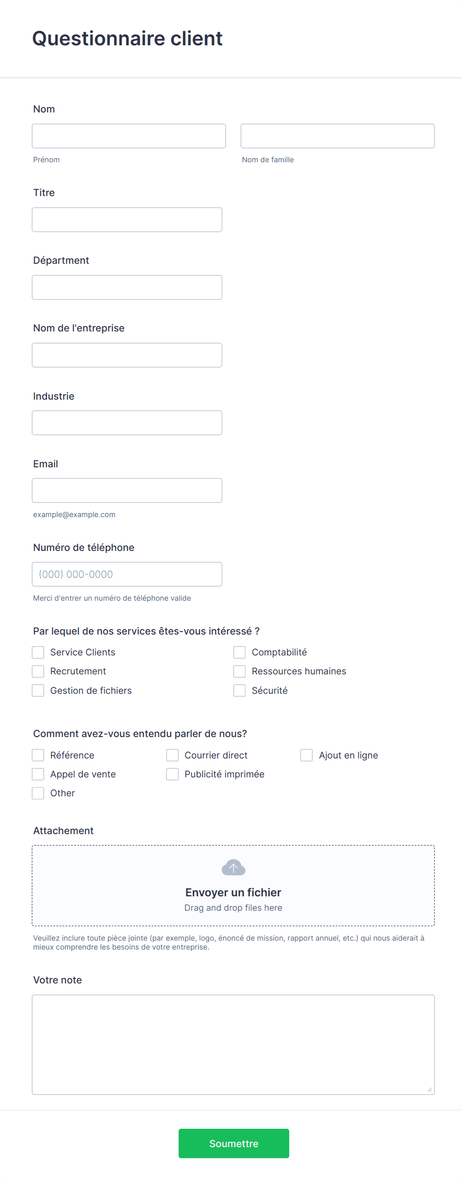 Questionnaire client Modèle du formulaire | Jotform