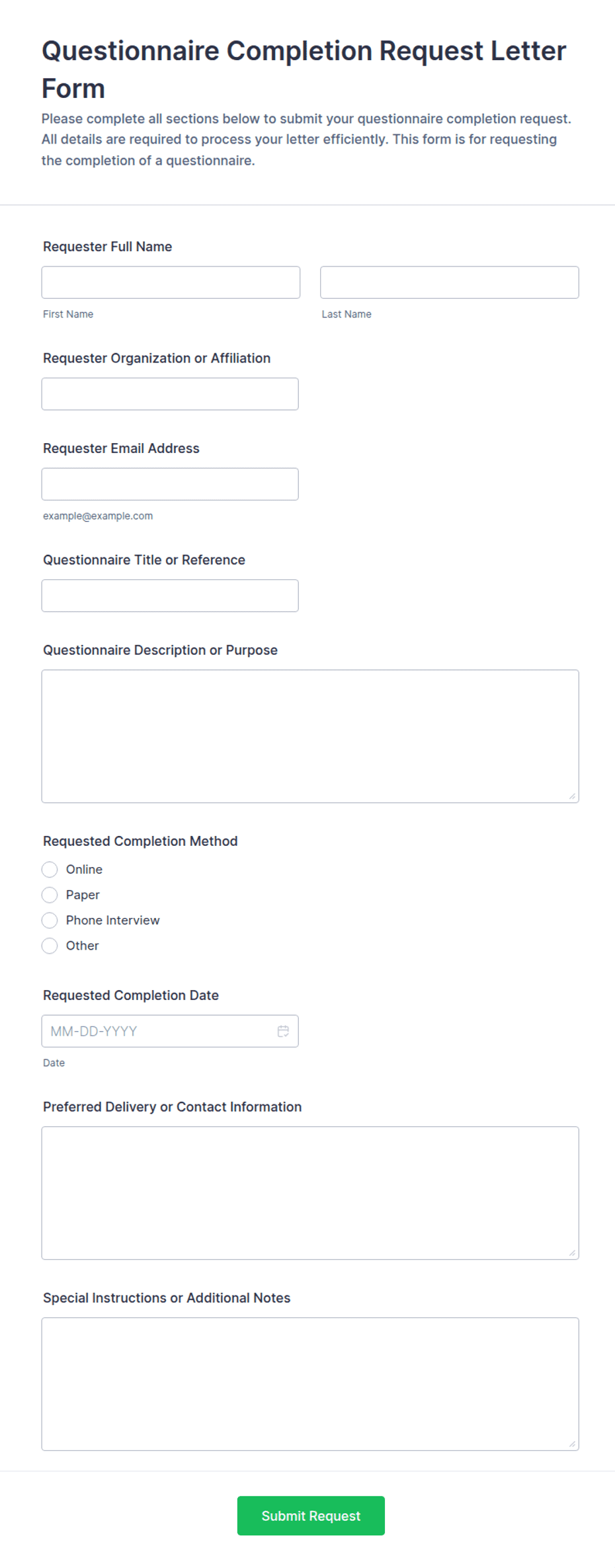 Questionnaire Completion Request Letter Form Template | Jotform