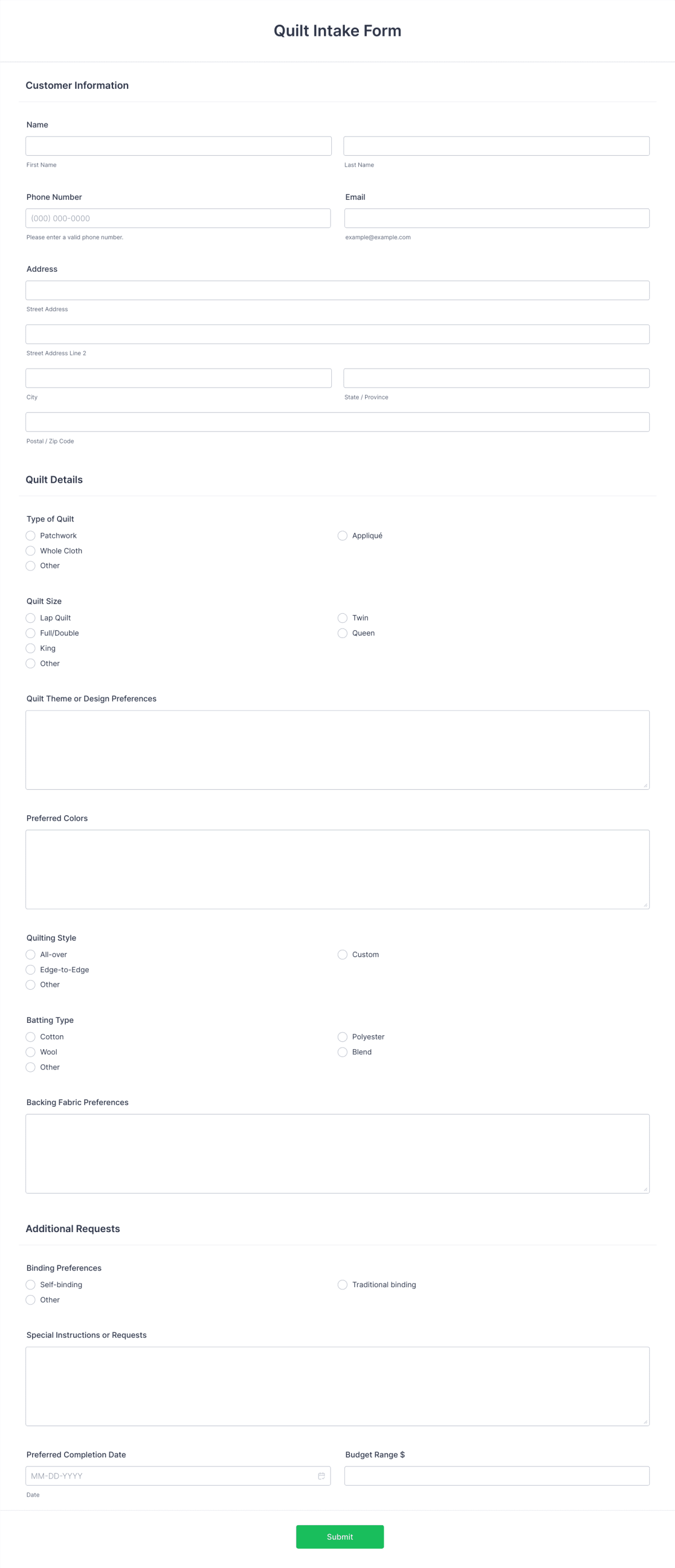 Quilt Intake Form Template | Jotform