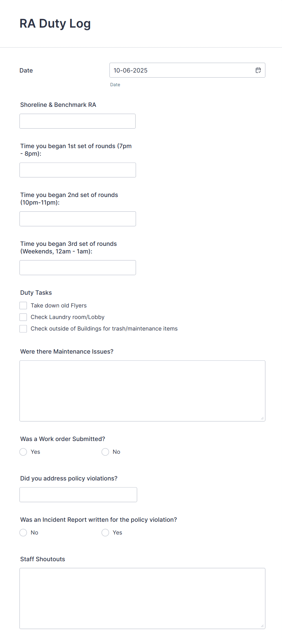 RA Duty Log Form Template | Jotform
