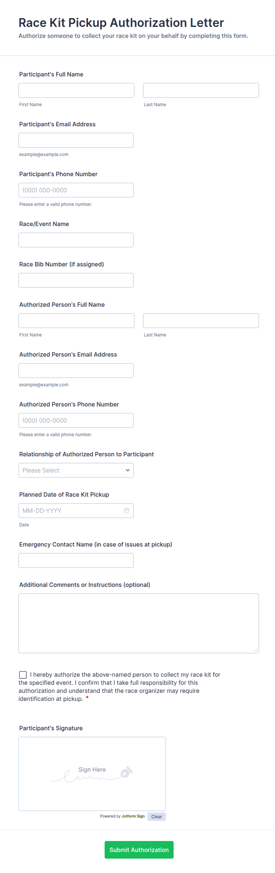 Race Kit Pickup Authorization Letter Form Template | Jotform
