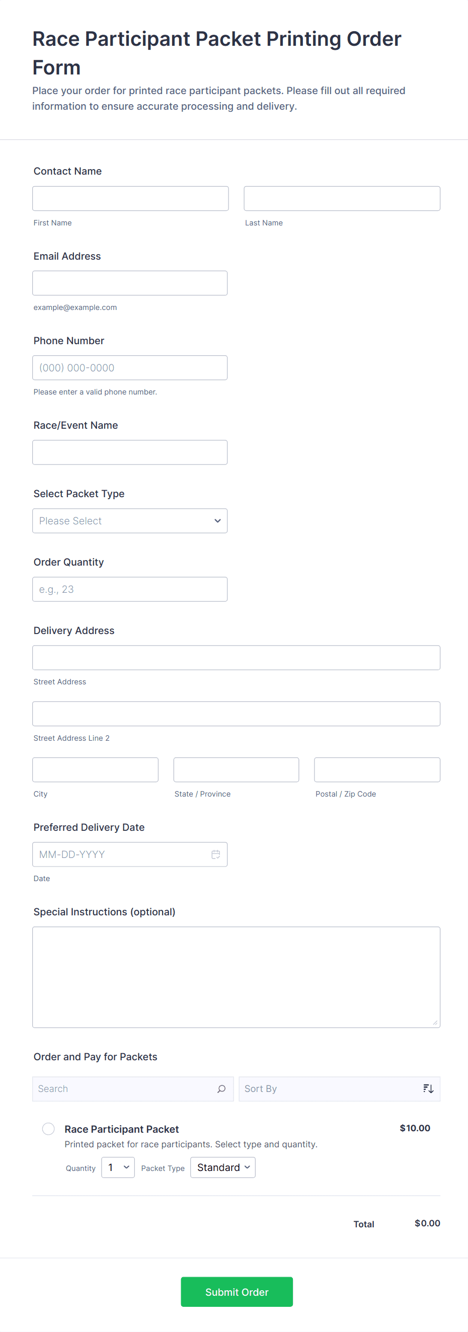 Race Participant Packet Printing Order Form Template | Jotform