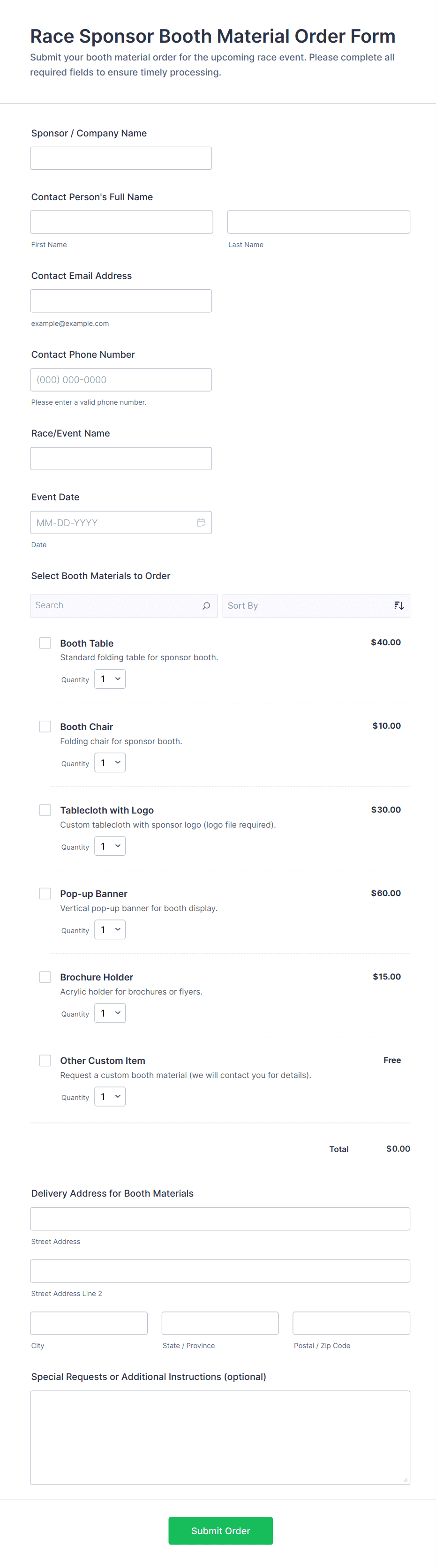 Race Sponsor Booth Material Order Form Template | Jotform