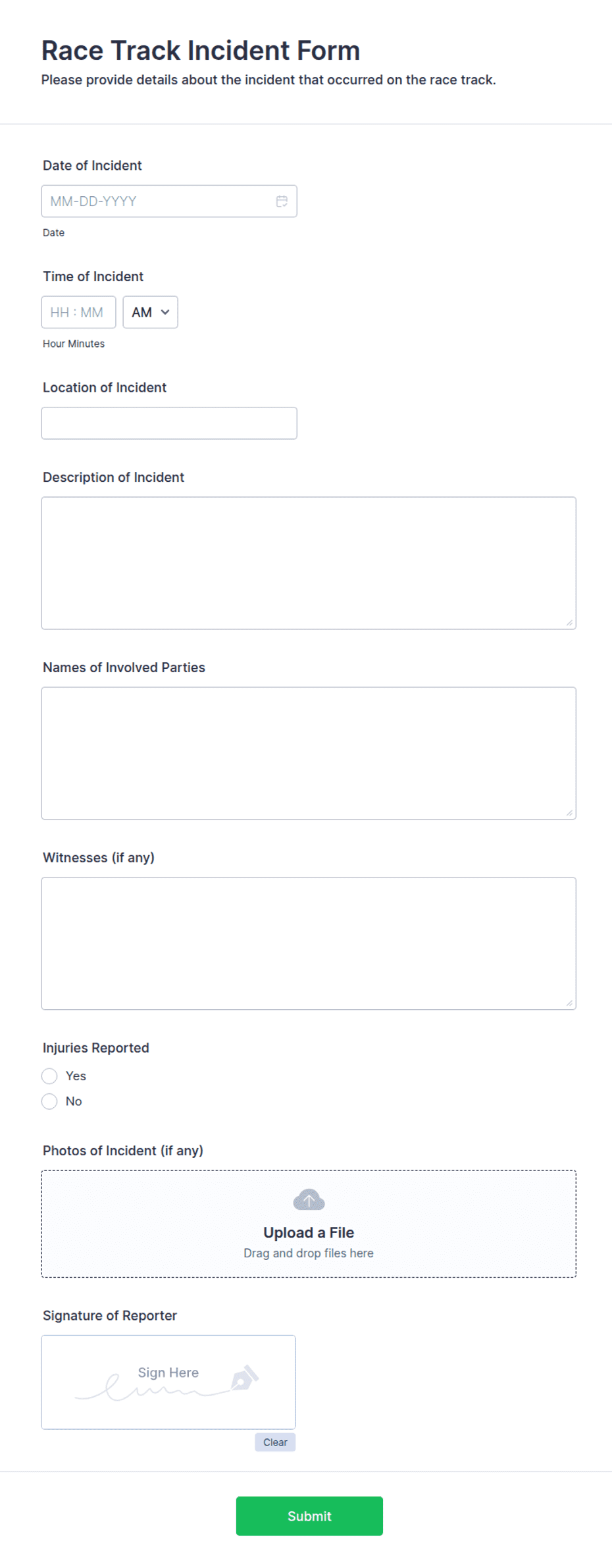 Race Track Incident Form Template | Jotform