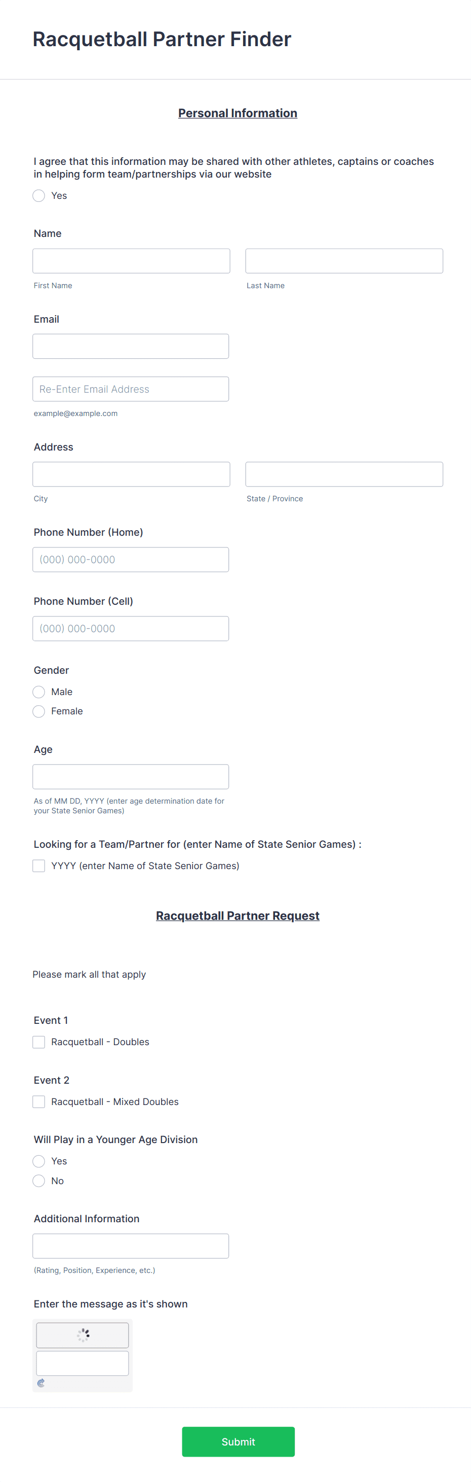 Racquetball Partner Finder (TEMPLATE) Form Template | Jotform