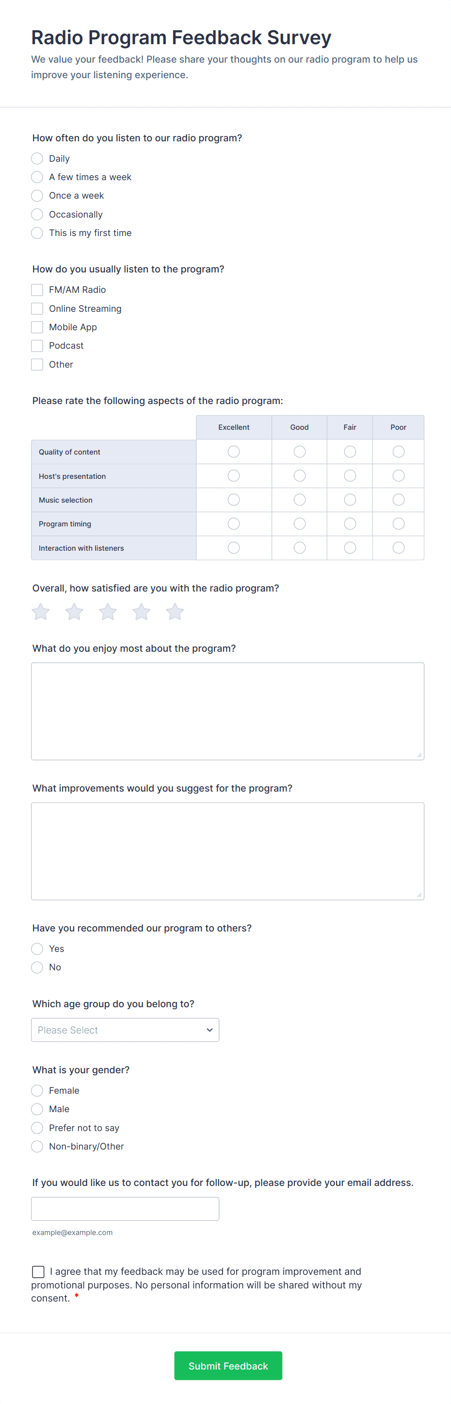Radio Program Feedback Survey Form Template | Jotform