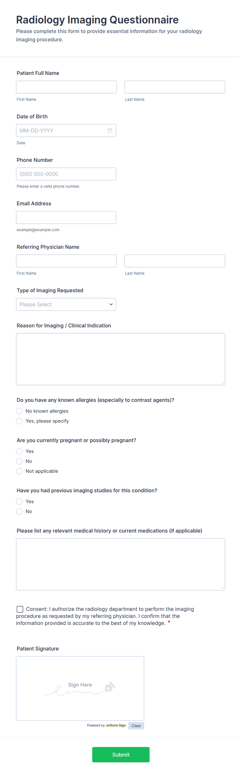 Radiology Imaging Questionnaire Form Template | Jotform