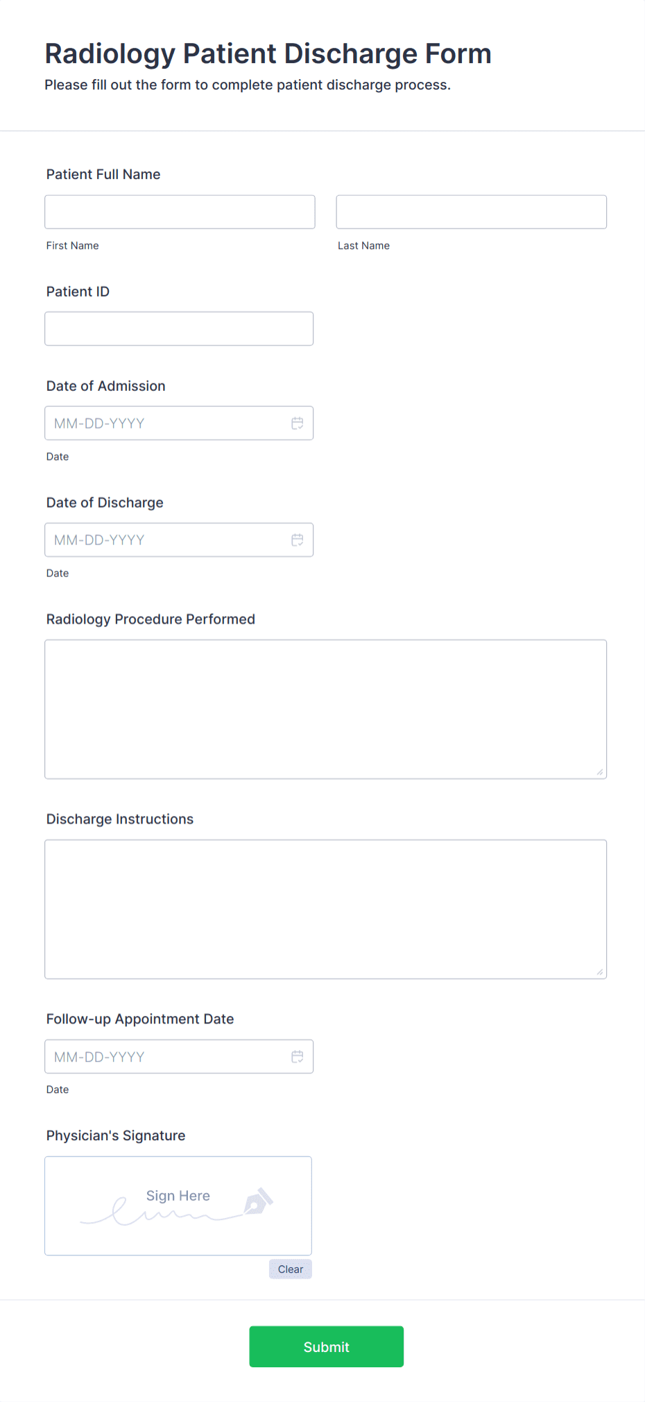 Radiology Patient Discharge Form Template | Jotform