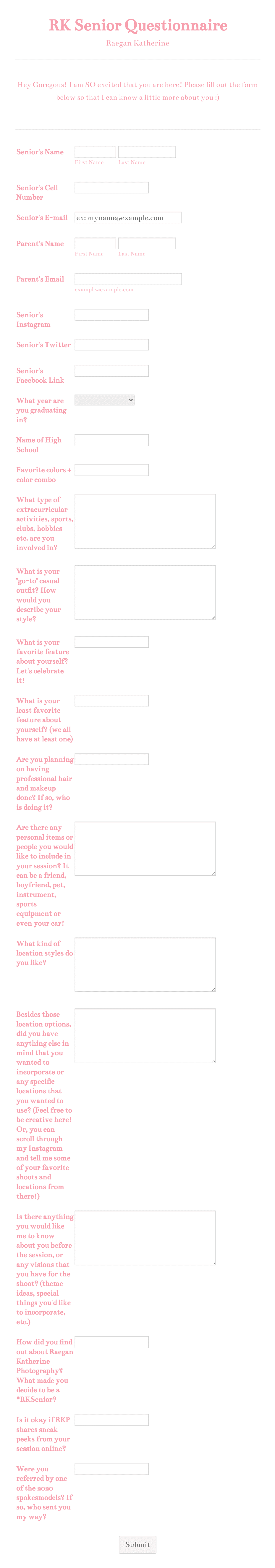 Raegan Katherine Senior Questionnaire Form Template | Jotform