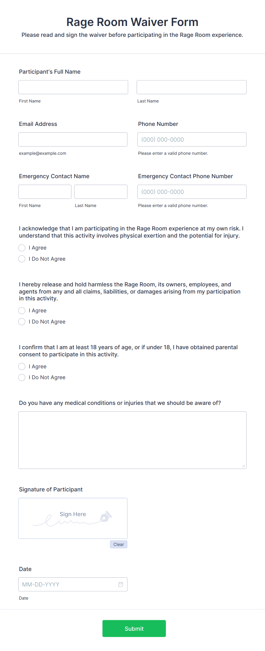 Rage Room Waiver Form Template | Jotform