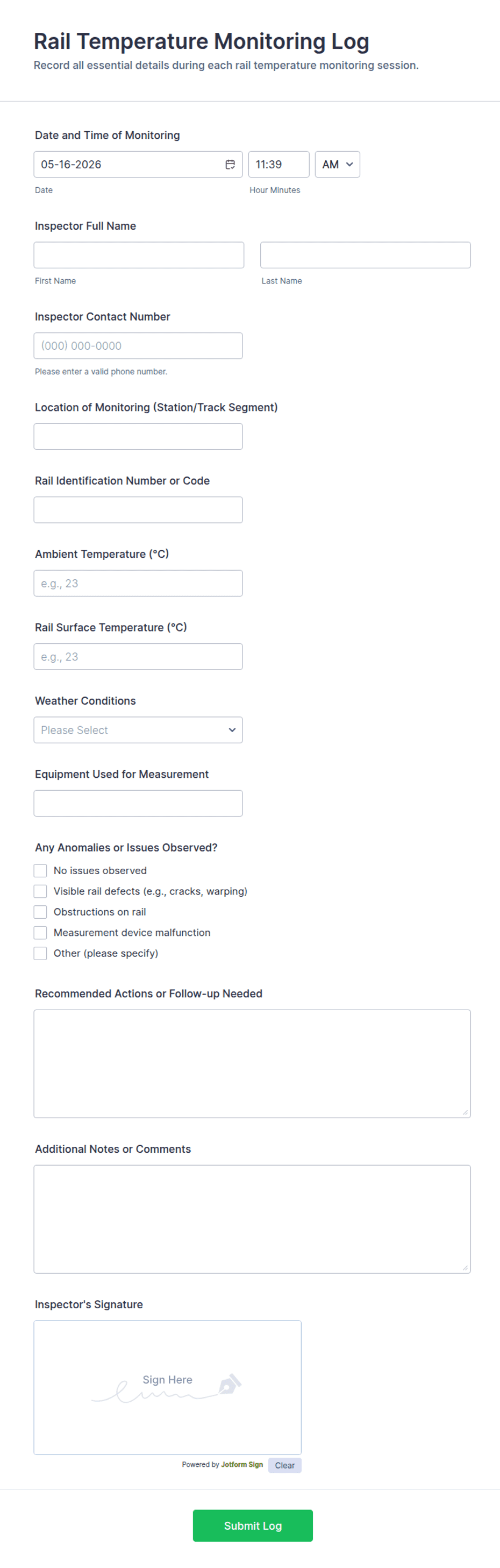 Rail Temperature Monitoring Log Form Template | Jotform