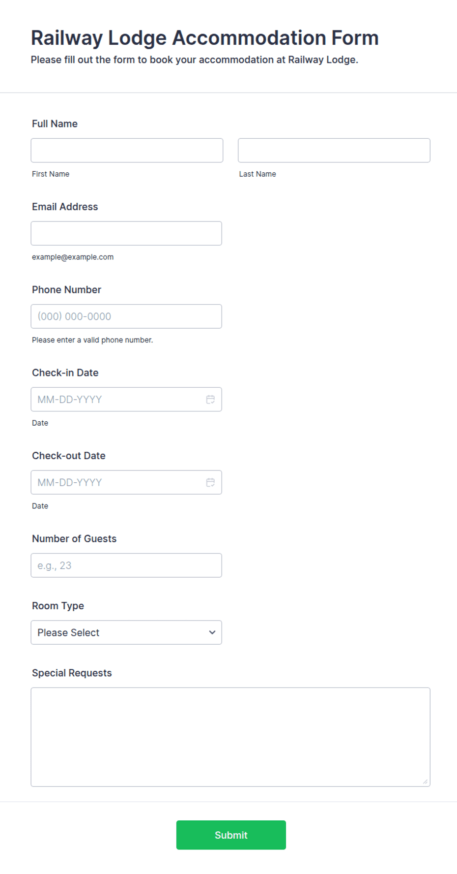 Railway Lodge Accommodation Form Template | Jotform