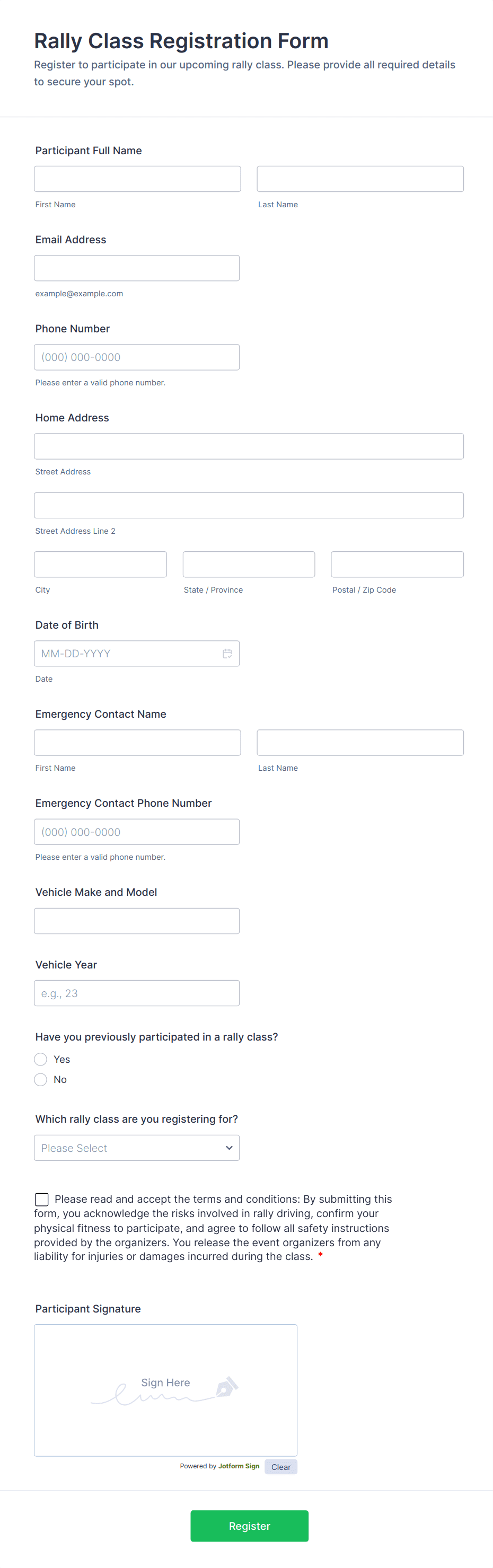 Rally Class Registration Form Template | Jotform