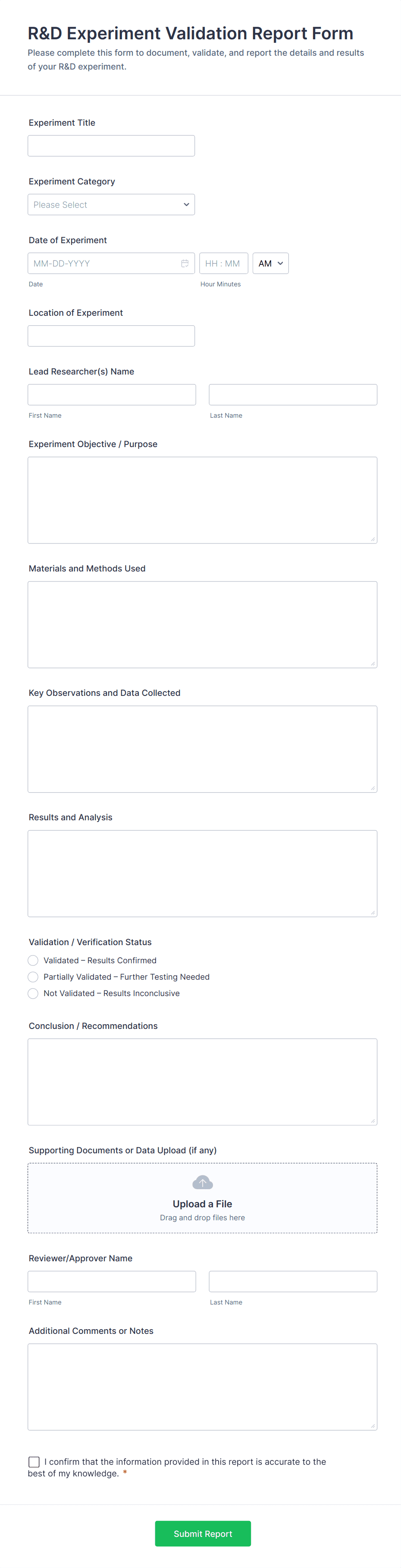 R&D Experiment Validation Report Form Template | Jotform