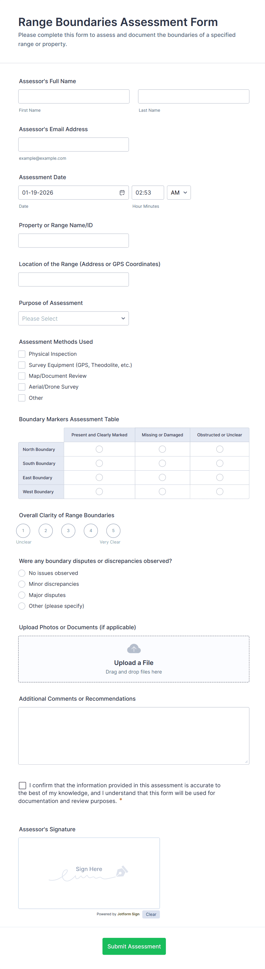 Range Boundaries Assessment Form Template | Jotform
