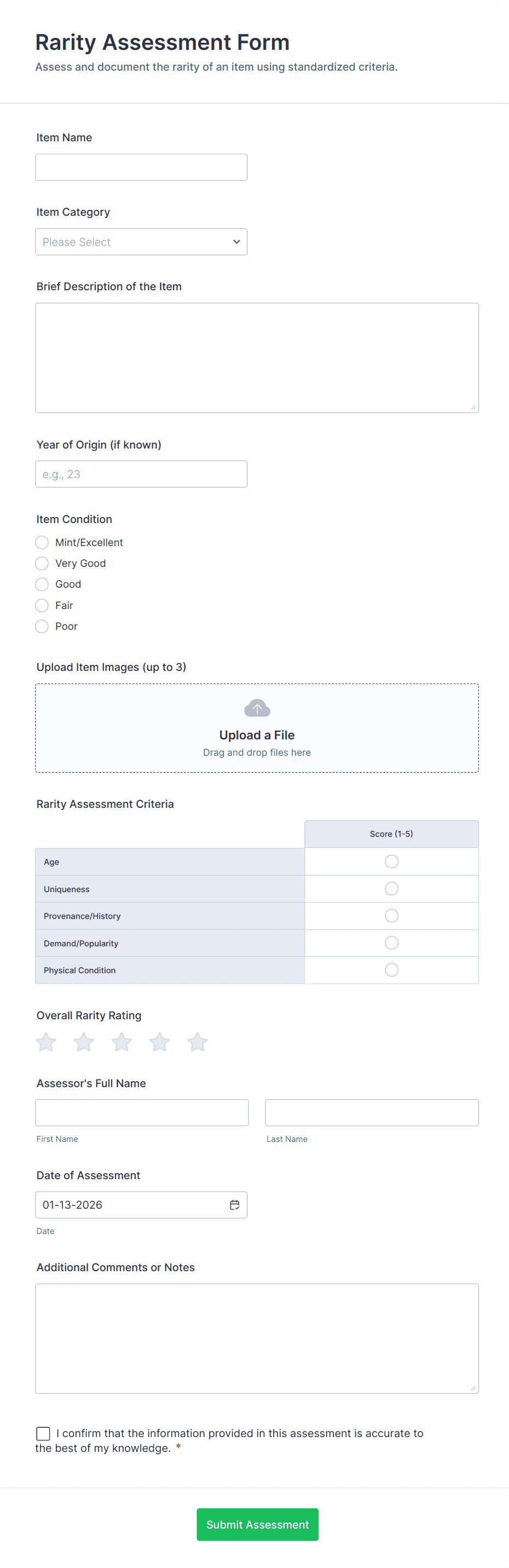 Rarity Assessment Form Template | Jotform