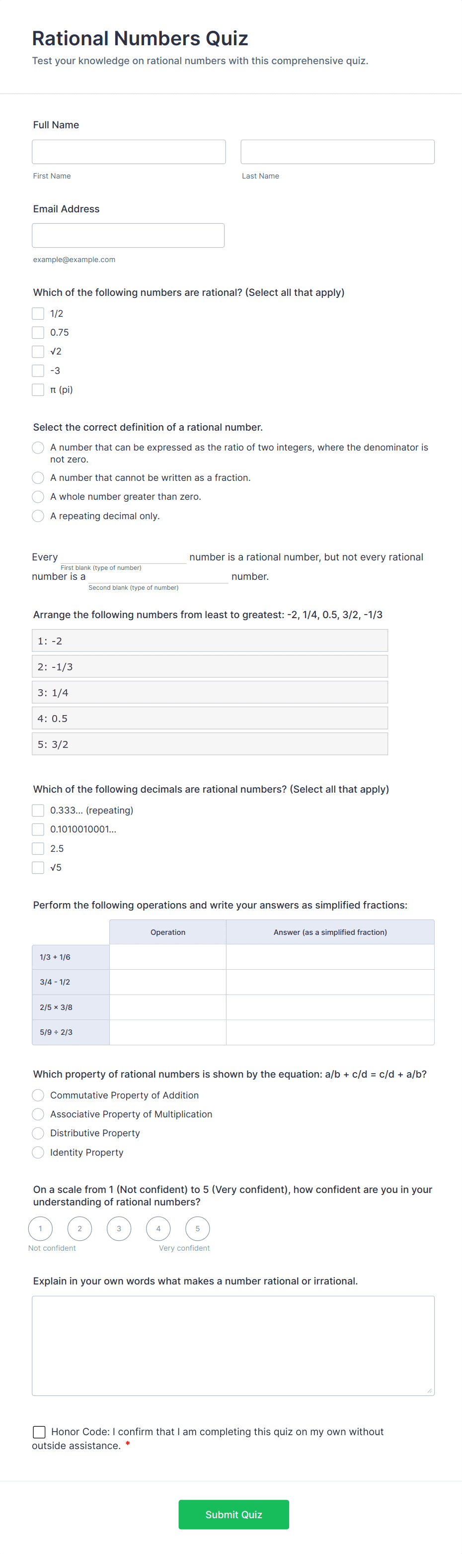 Rational Numbers Quiz Form Template | Jotform