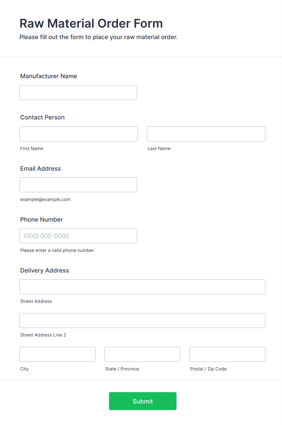 Raw Material Order Form Template | Jotform