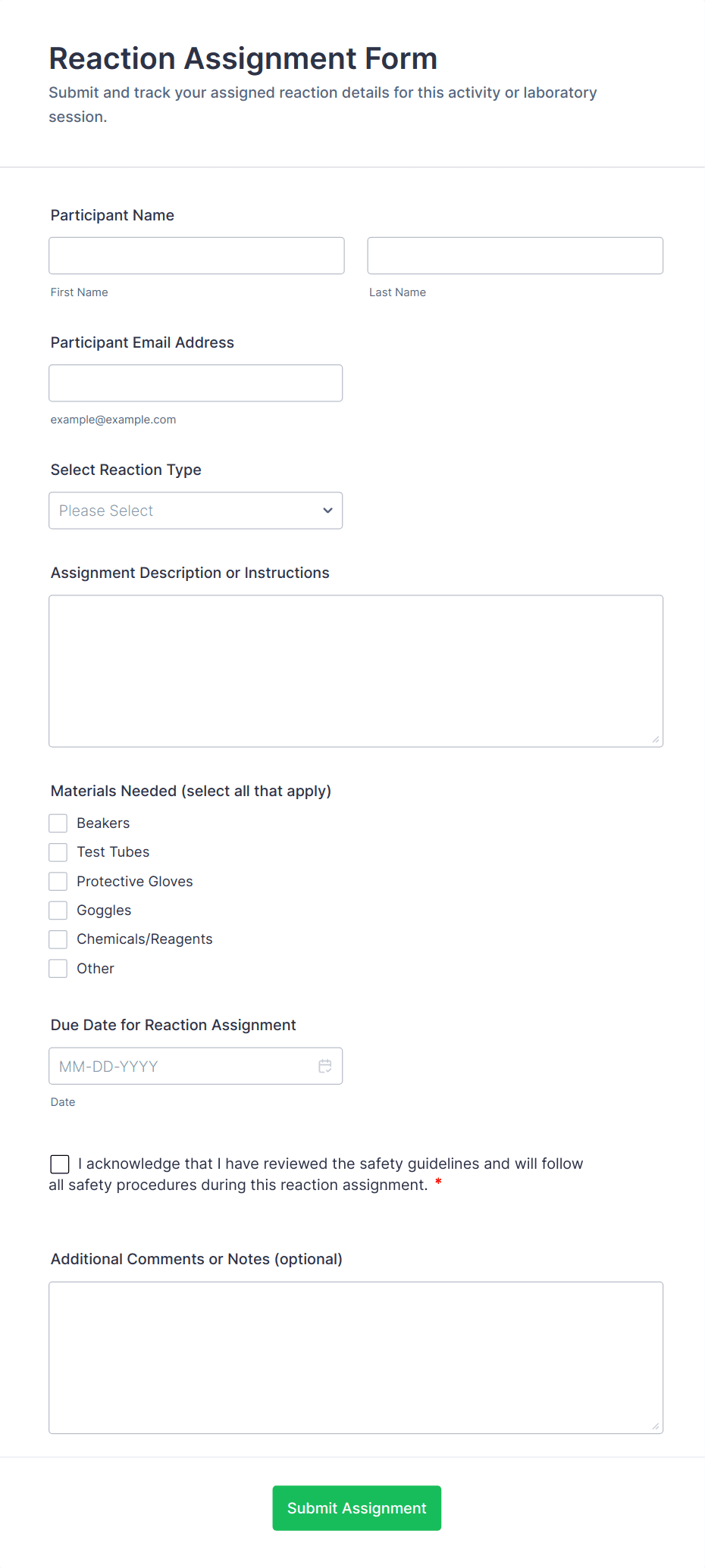 Reaction Assignment Form Template | Jotform
