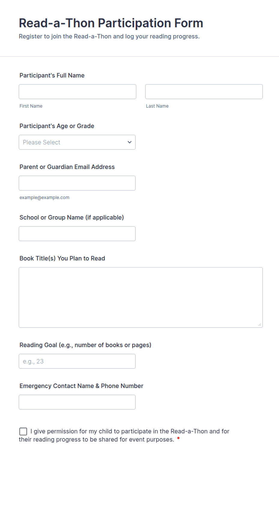 Read-a-Thon Participation Form Template | Jotform