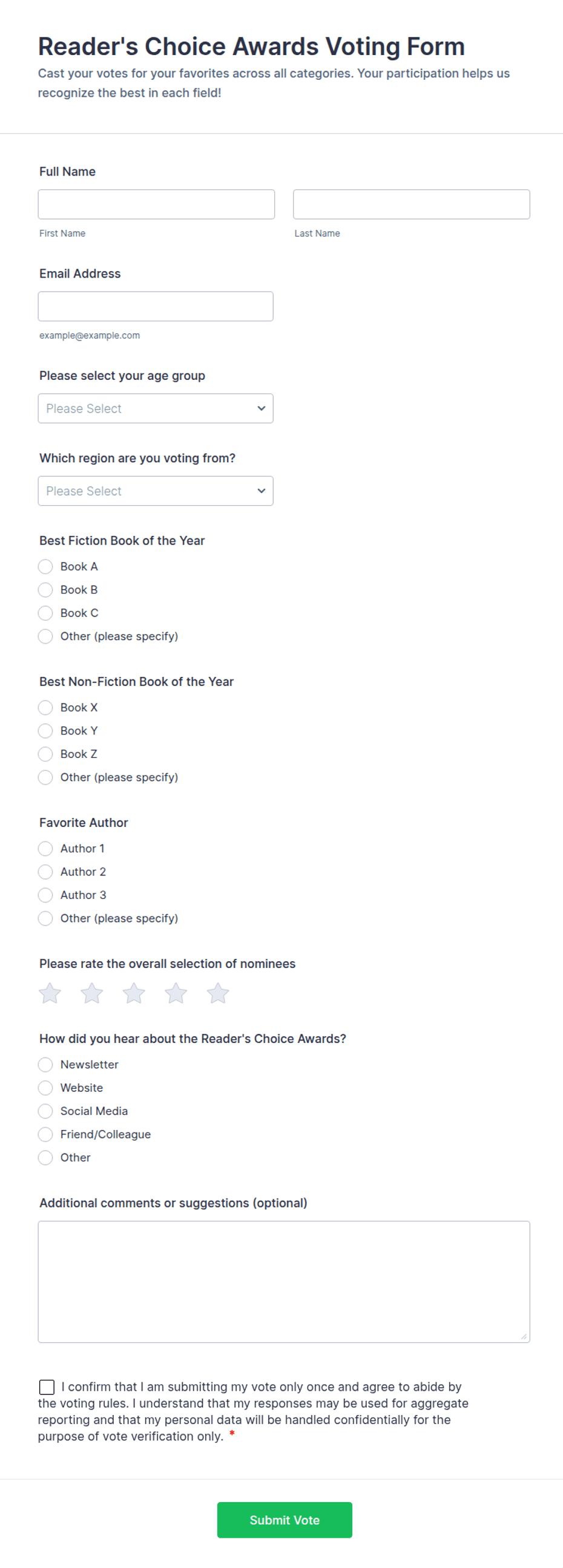 Reader's Choice Awards Voting Form Template | Jotform